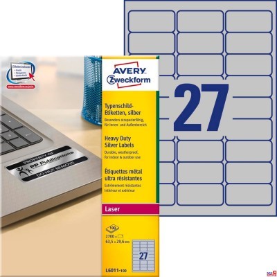 Etykiety znamionowe L6011-100 63,5 x 29,6 100ark srebrne, poliestrowe ...